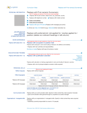 Fillable Online Europass CV template - ewsfewf - Curriculum Vitae ...