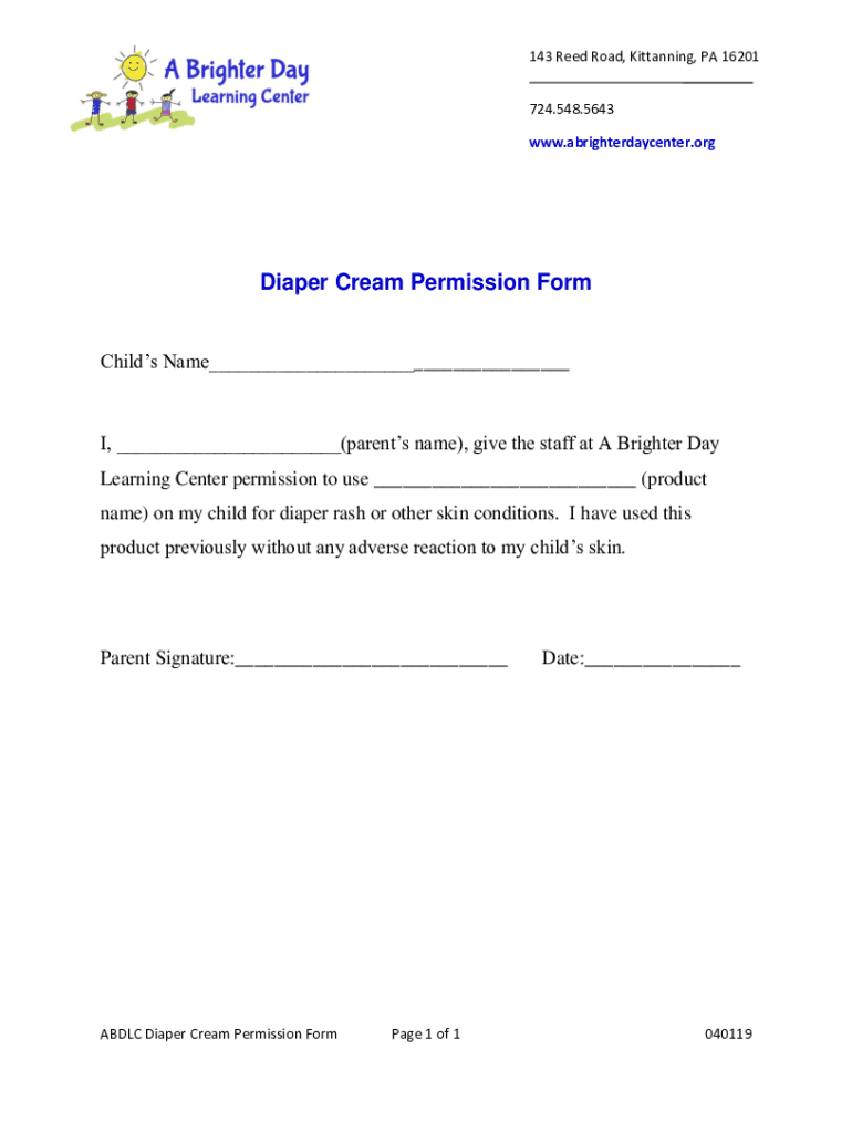 Fillable Online Diaper Cream Permission Form Fax Email Print - pdfFiller