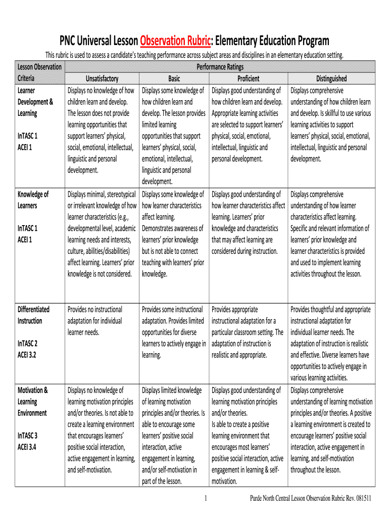 Fillable Online PNC Universal Lesson Observation Rubric: Elementary ...