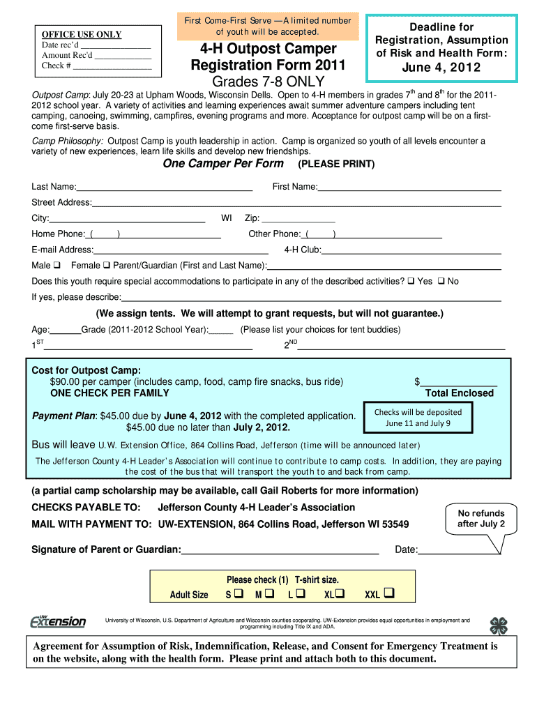 Fillable Online jefferson uwex 4-H Outpost Camper Registration Form ...