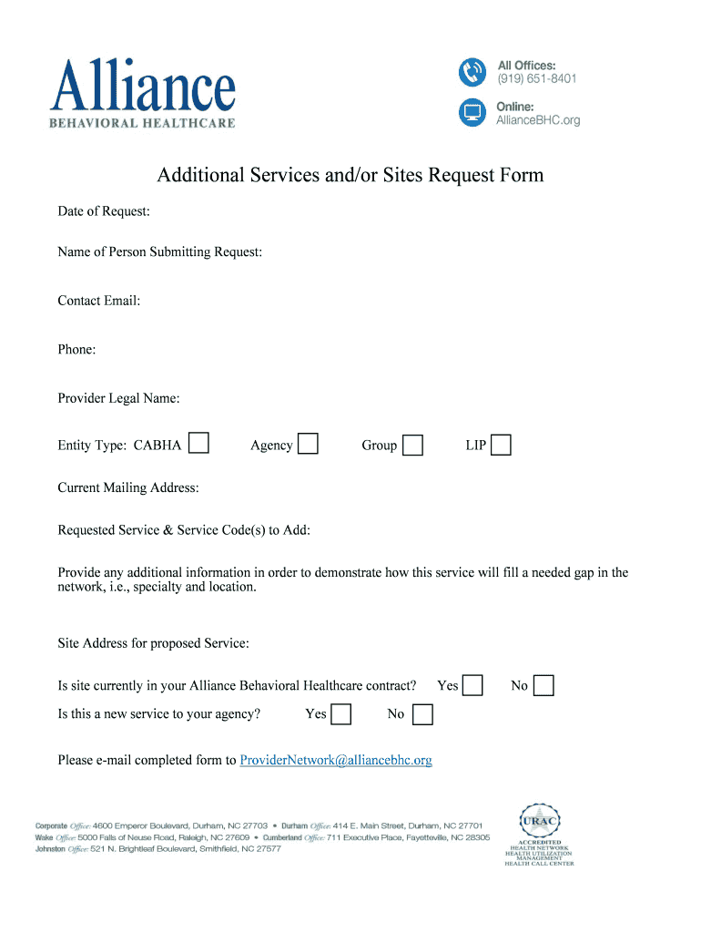 Fillable Online alliancebhc Additional Services and-or Sites Request ...