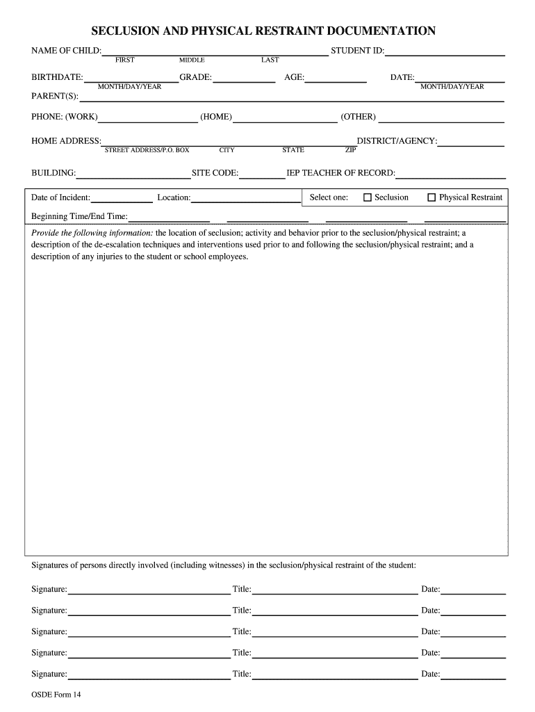 Fillable Online ok SECLUSION AND PHYSICAL RESTRAINT DOCUMENTATION Fax ...