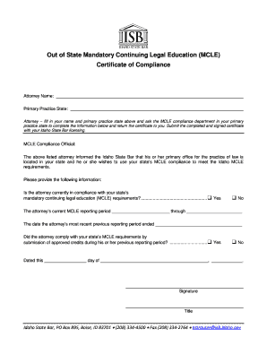Fillable Online isb idaho Out of State MCLE Certificate of Compliance ...
