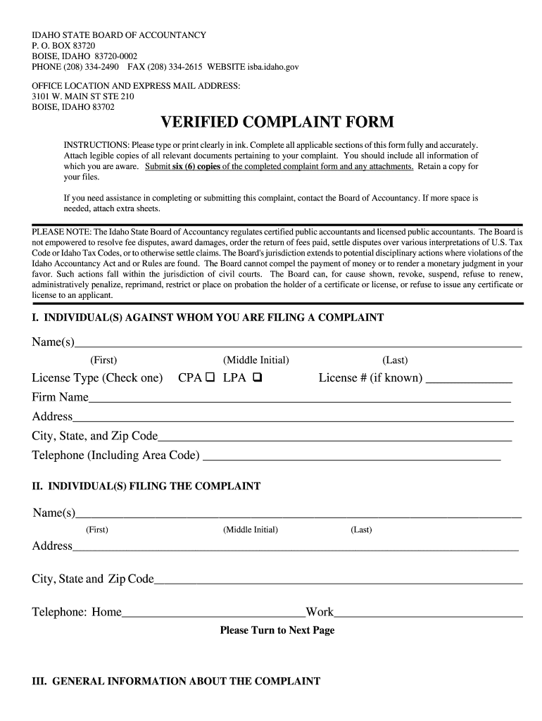 Fillable Online isba idaho Verified complaint form Fax Email Print ...