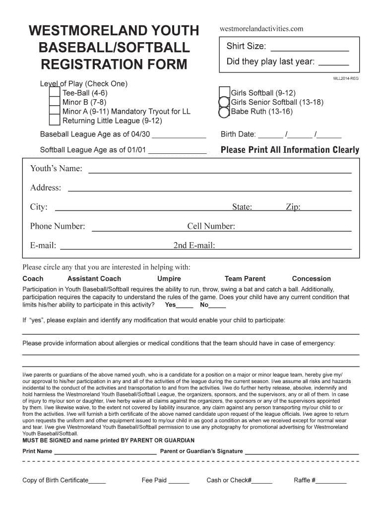 Westmoreland Youth Baseball/Softball Registration Form - Blank Fillable ...