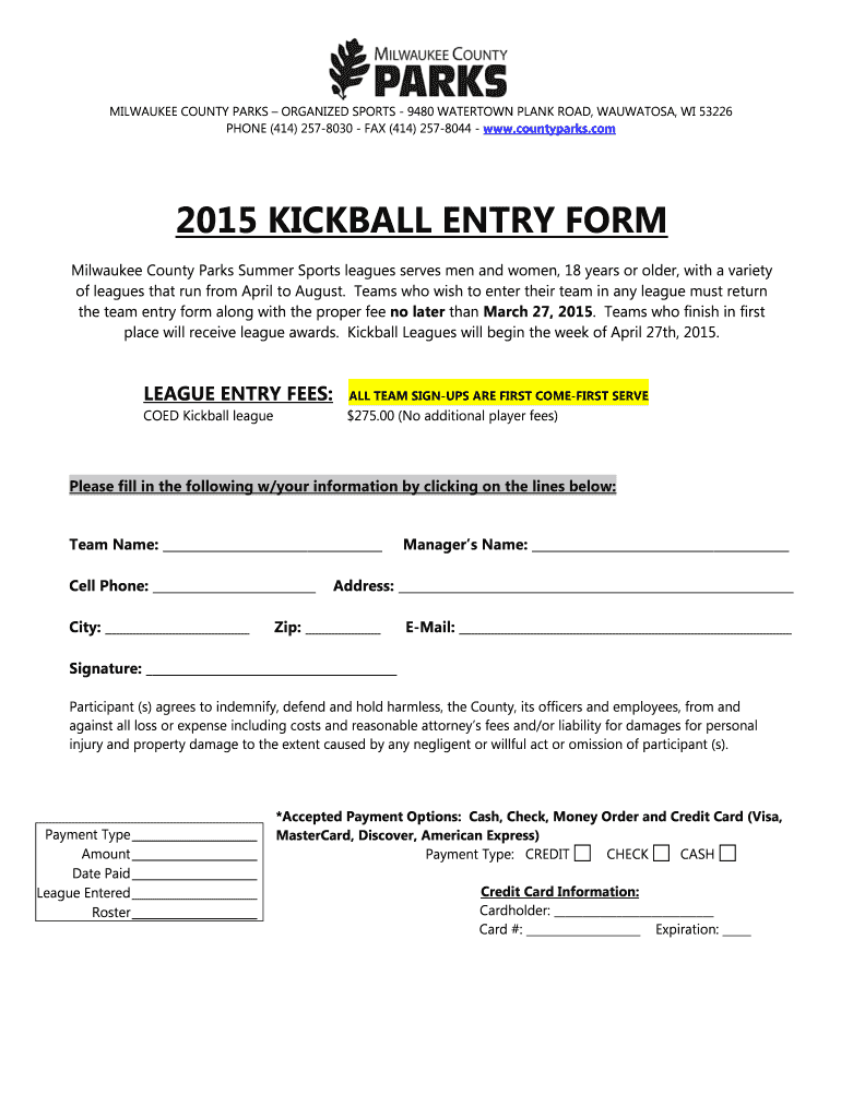 Fillable Online county milwaukee COED Kickball Application - Milwaukee ...