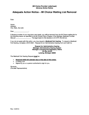 Fillable Online michigan Adequate Action Notice MI Choice Waiting List ...
