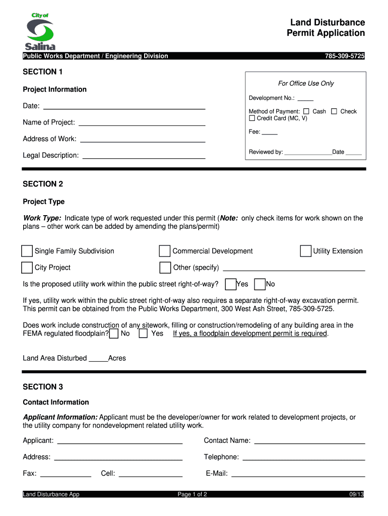 Fillable Online salina-ks Land Disturbance Permit Application (PDF) - City of Salina ... Fax ...