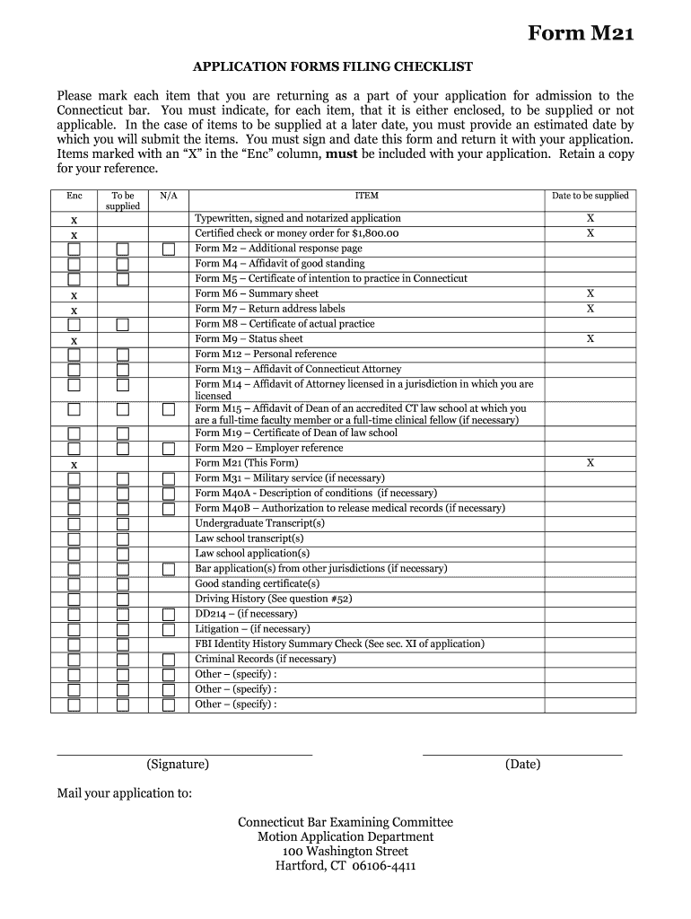 Fillable Online jud ct Form M21 APPLICATION FORMS FILING CHECKLIST ...