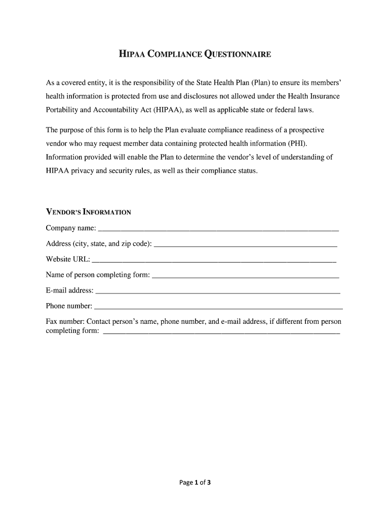 Fillable Online HIPAA COMPLIANCE QUESTIONNAIRE As a covered entity, it ...