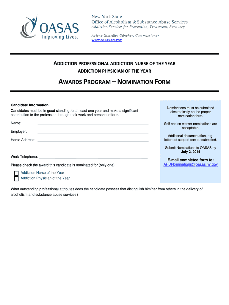 Fillable Online oasas ny Addictions Professionals Day - Physician/Nurse ...