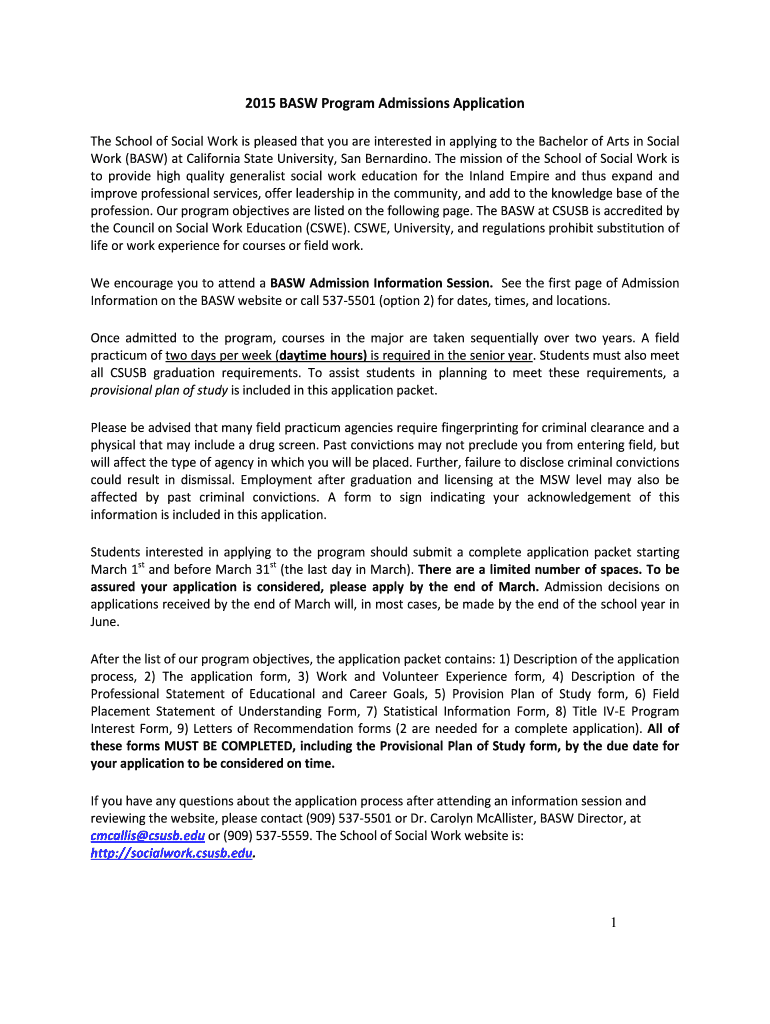 Fillable Online socialwork csusb Application Packet. - School of Social Work - California State ...