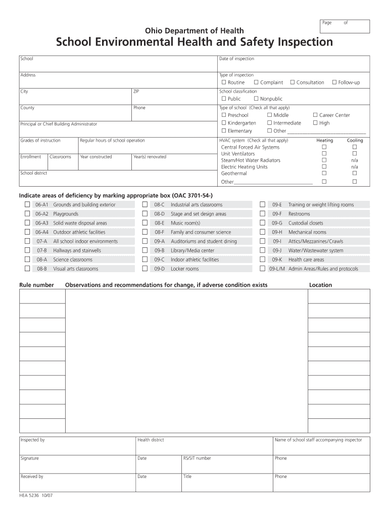 Fillable Online odh ohio School Environmental Health and Safety ...