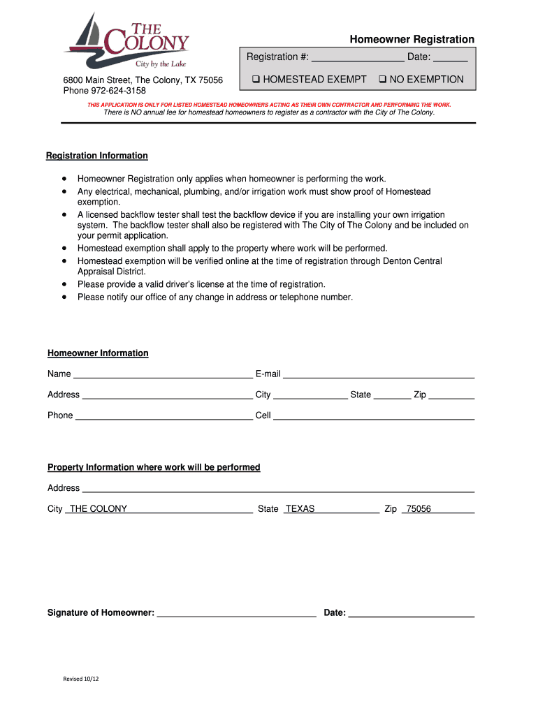 Fillable Online thecolonytx Homeowner Registration Form - The Colony ...