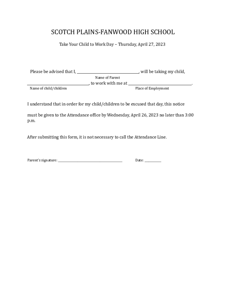 Fillable Online Take Your Child To Work Day Form Fax Email Print ...