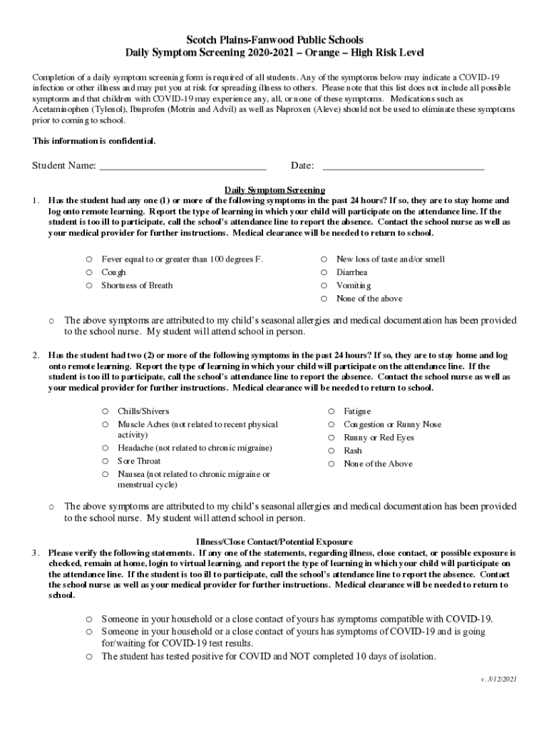 Fillable Online Daily Symptom Screening 2020-2021 Orange High Risk ...