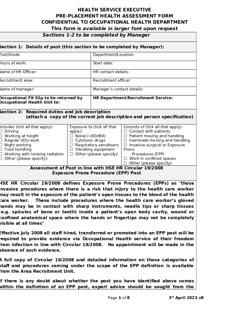 pre placement health assessment hse Doc Template Doc Template | pdfFiller