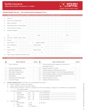 Fillable Online Global Health Secure - Pre Authorization Request Form ...