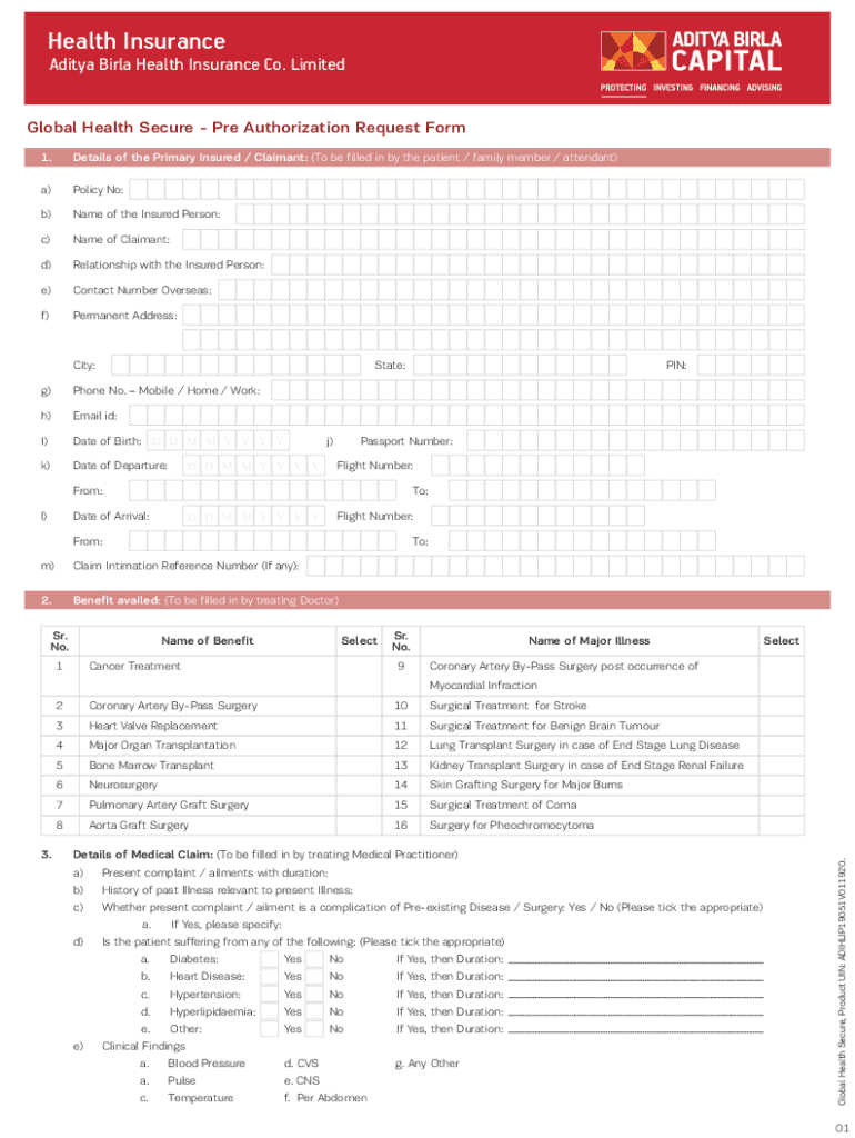 Fillable Online Global Health Secure - Pre Authorization Request Form ...
