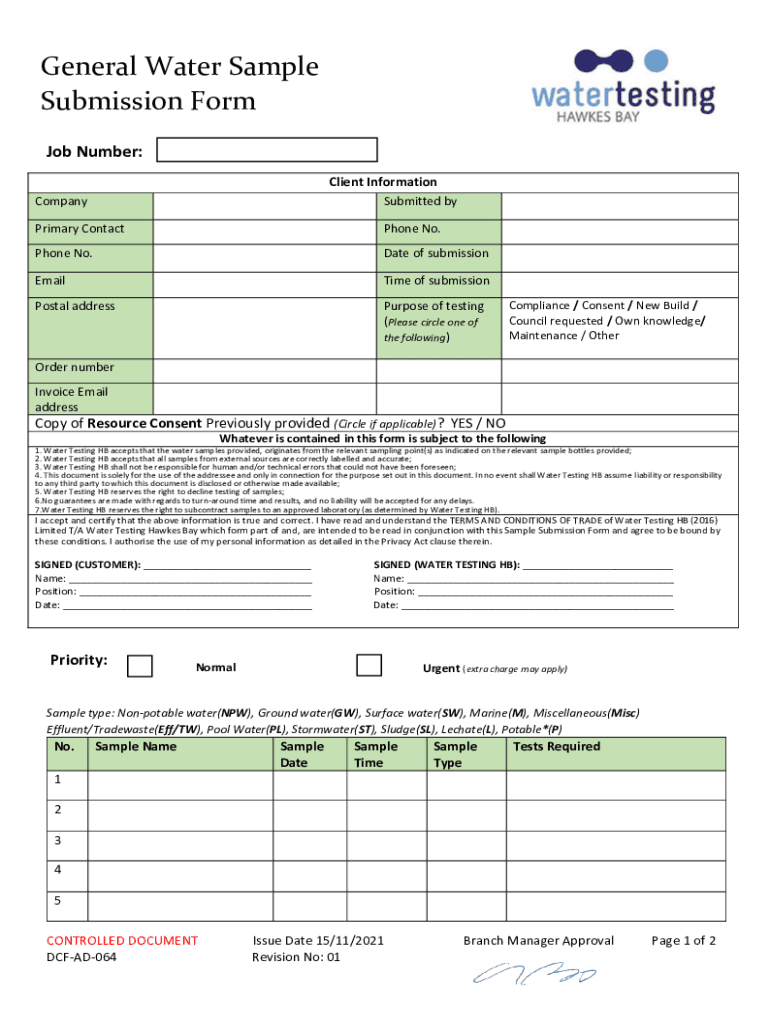 Fillable Online General Water Sample Submission Form Fax Email Print ...