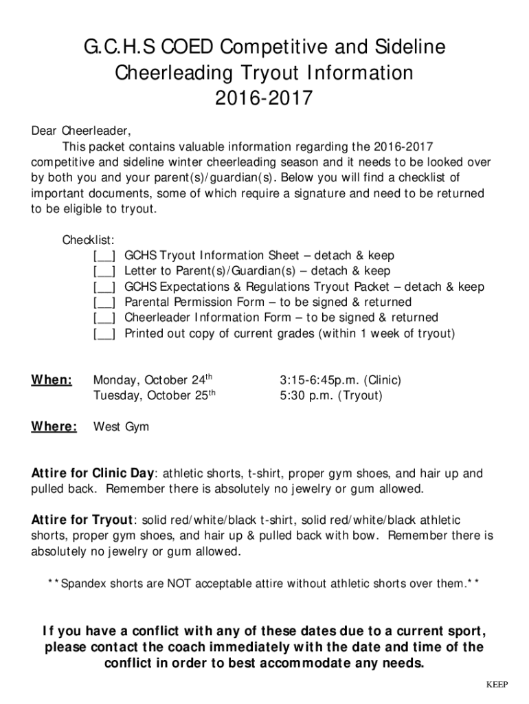 Fillable Online G.C.H.S COED Competitive and Sideline Cheerleading ...