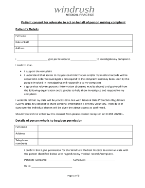 Fillable Online Patient consent for advocate to act on behalf of person ...
