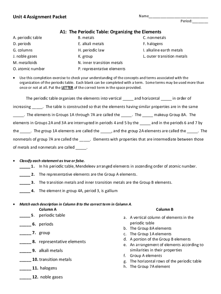 Fillable Online Unit 4 Assignment Packet A1: The Periodic Table Fax Email Print - pdfFiller