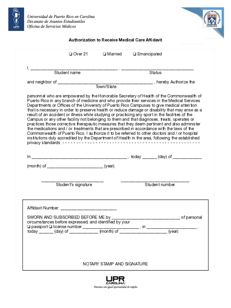 Fillable Online Authorization to Receive Medical Care Affidavit .pages ...