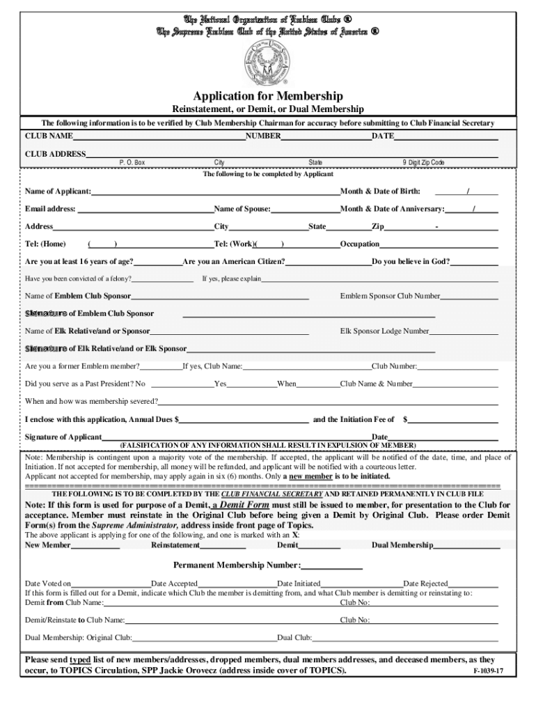 Fillable Online Membership Information for the Supreme Emblem Club ...
