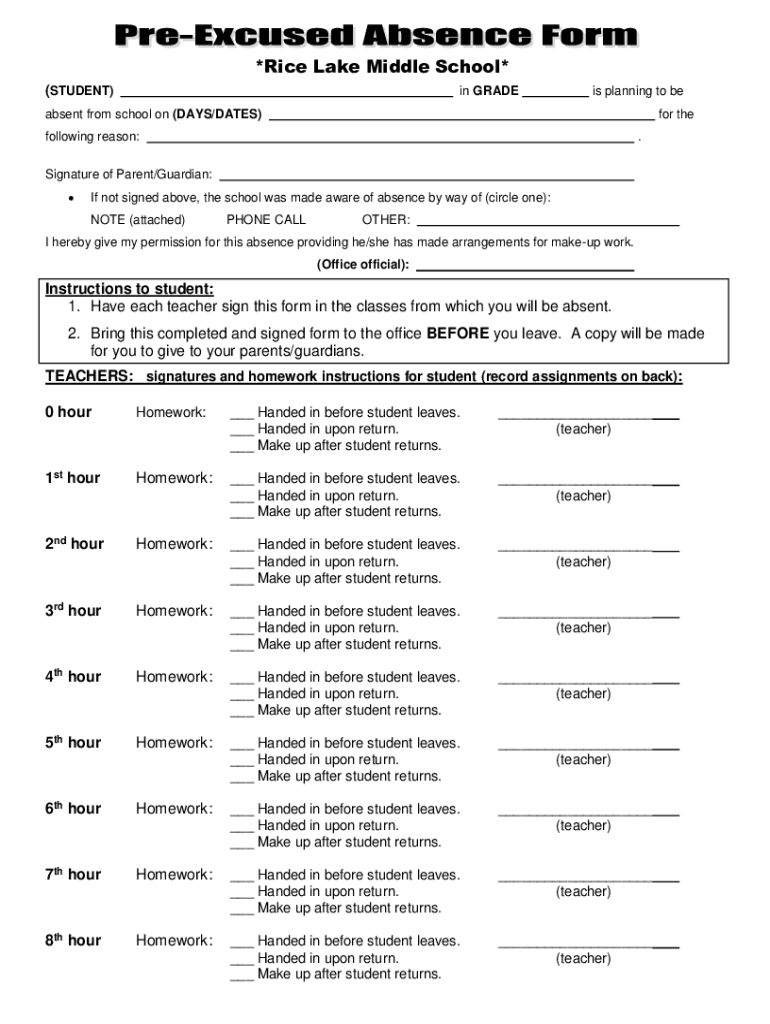 Fillable Online Pre excused absence form Fax Email Print - pdfFiller
