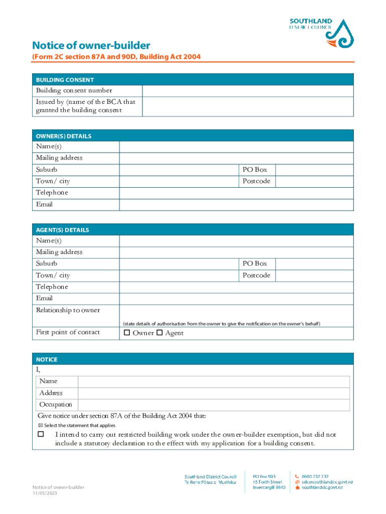 Fillable Online NOTICE OF OWNER BUILDER (FORM 2C) Fax Email Print ...