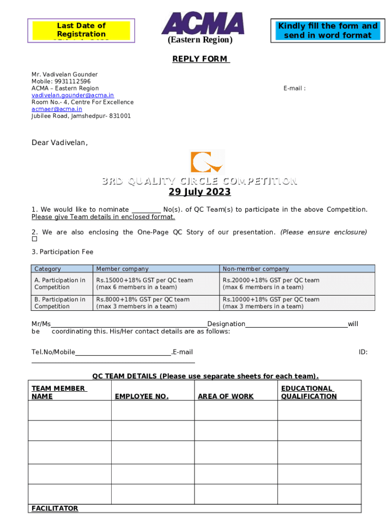 ACMA - Eastern RegionE-mail : vadivelan Doc Template | pdfFiller