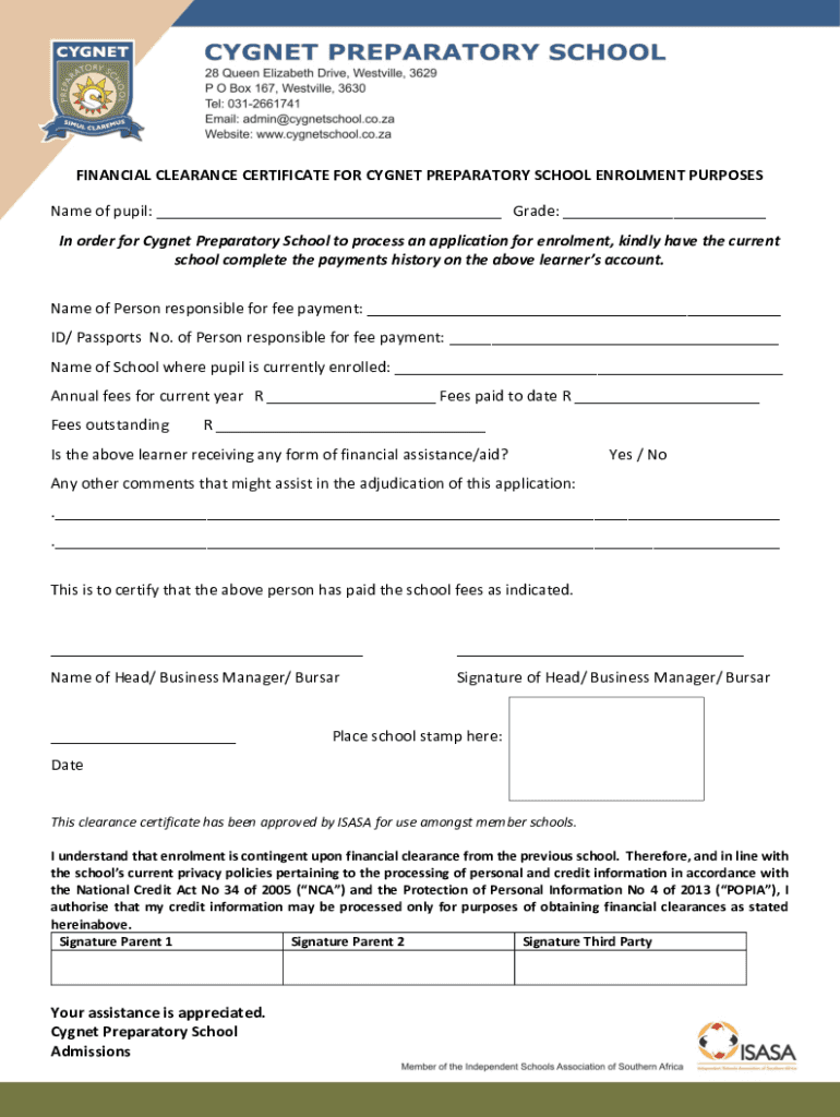 Fillable Online FINANCIAL CLEARANCE CERTIFICATE FOR ... Fax Email Print ...