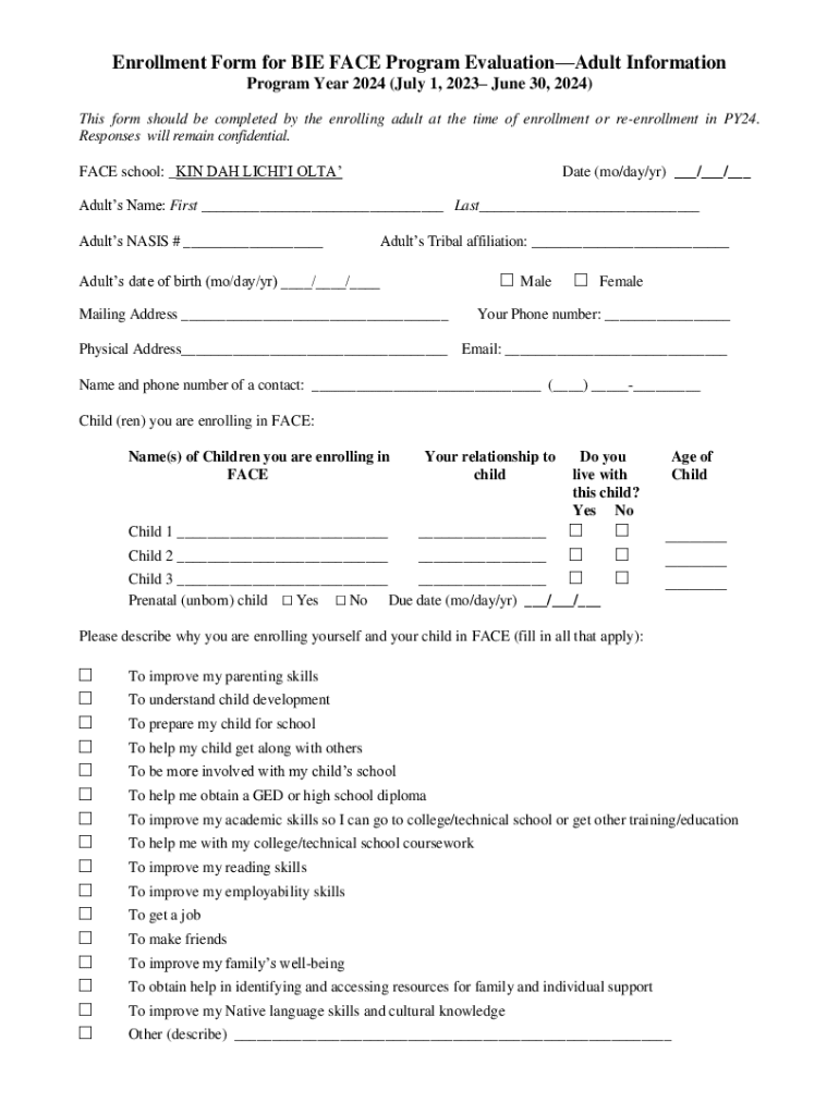 Fillable Online Enrollment Form for BIE FACE Program EvaluationAdult ...