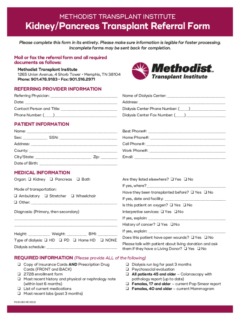 Fillable Online Methodist Transplant Institute Kidney and Pancreas ...