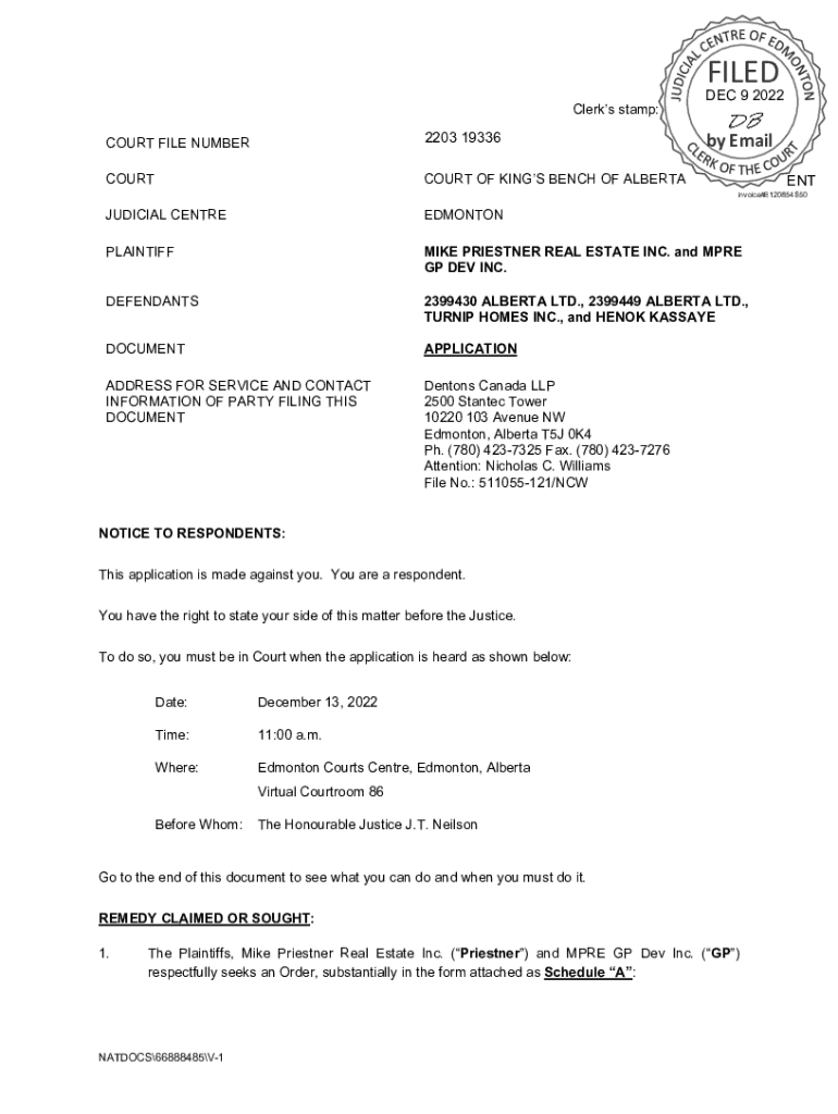 Fillable Online COURT FILE NUMBER 2203 19336 Clerk's Stamp ... Fax ...