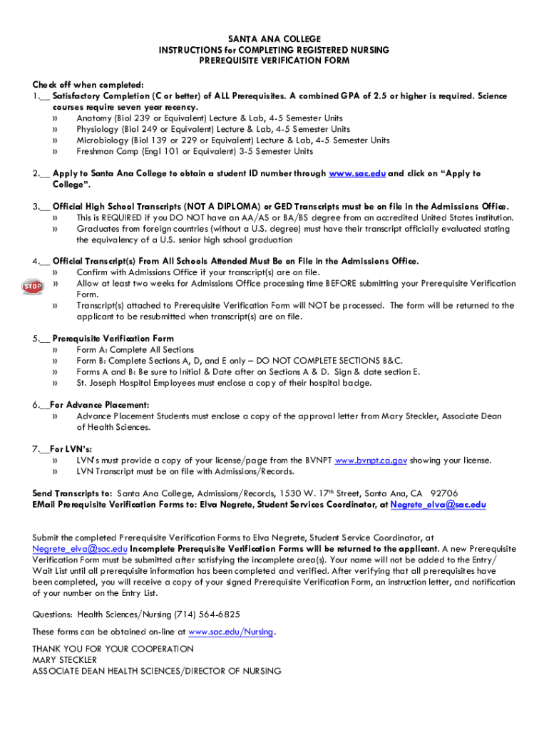 Fillable Online Prerequisite Verification Form A B - Santa Ana College ...