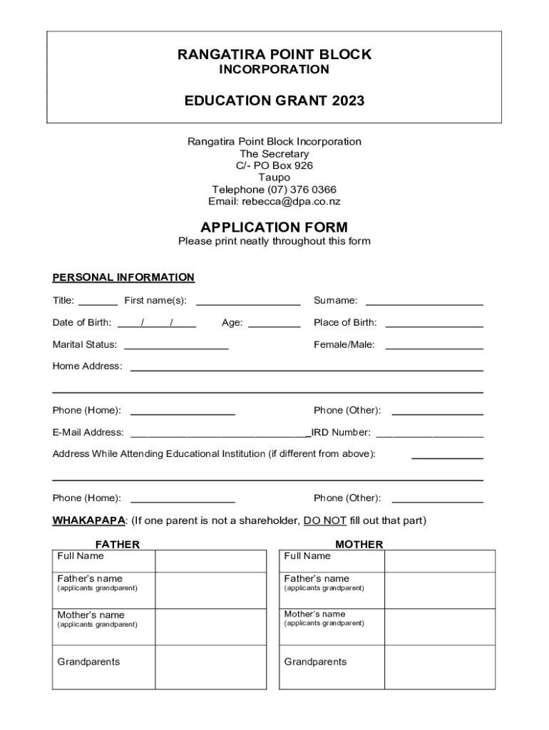 Fillable Online Rangatira Point Block Education Grant Application Form ...