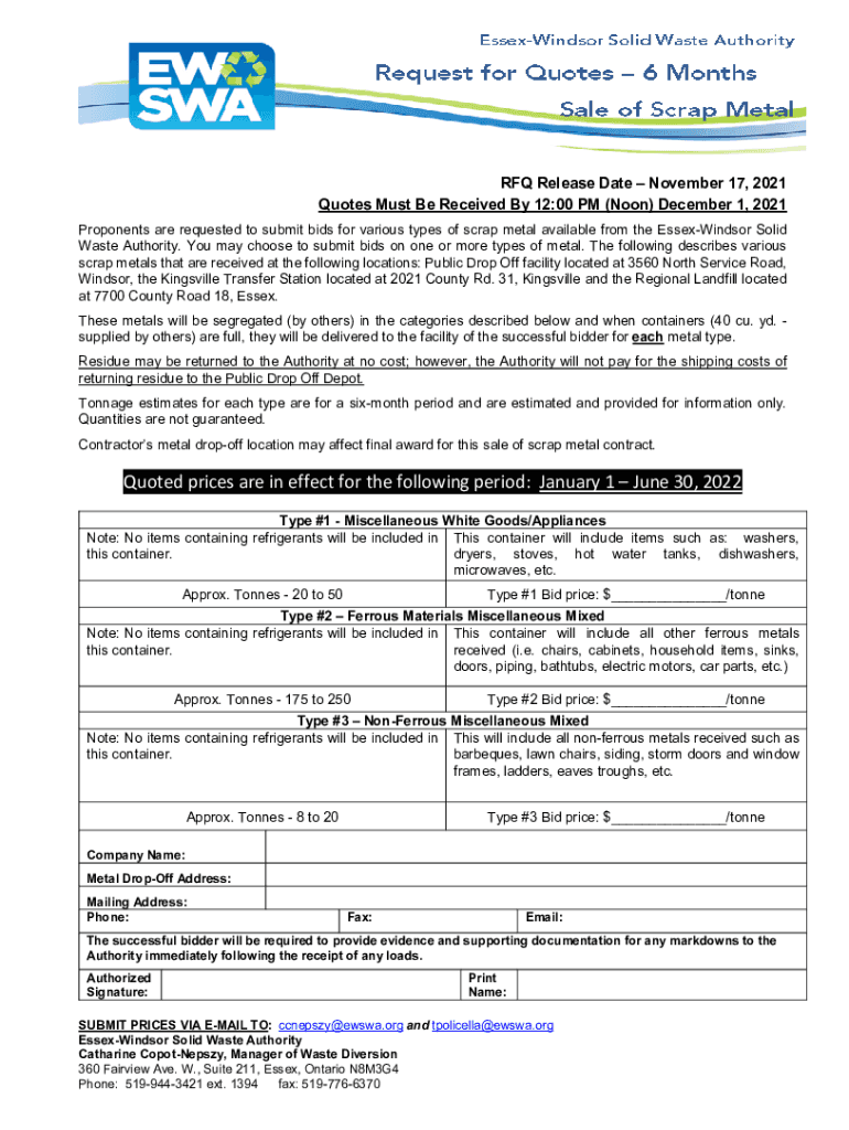 Fillable Online Request for Quotes - Sale of Scrap Metal Fax Email ...