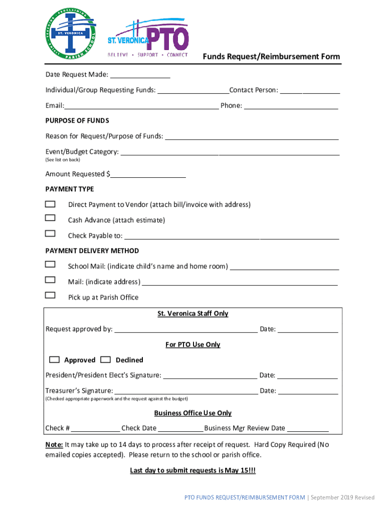 Fillable Online PTO Funds Request/Reimbursement form. September 2019 ...
