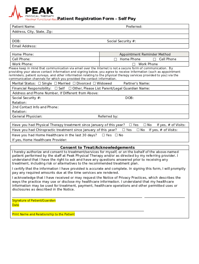 Patient Registration - Self Pay Doc Template | pdfFiller