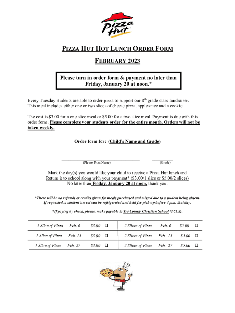 Fillable Online Pizza Hut Hot Lunch - Order forms Due January 20th Fax ...