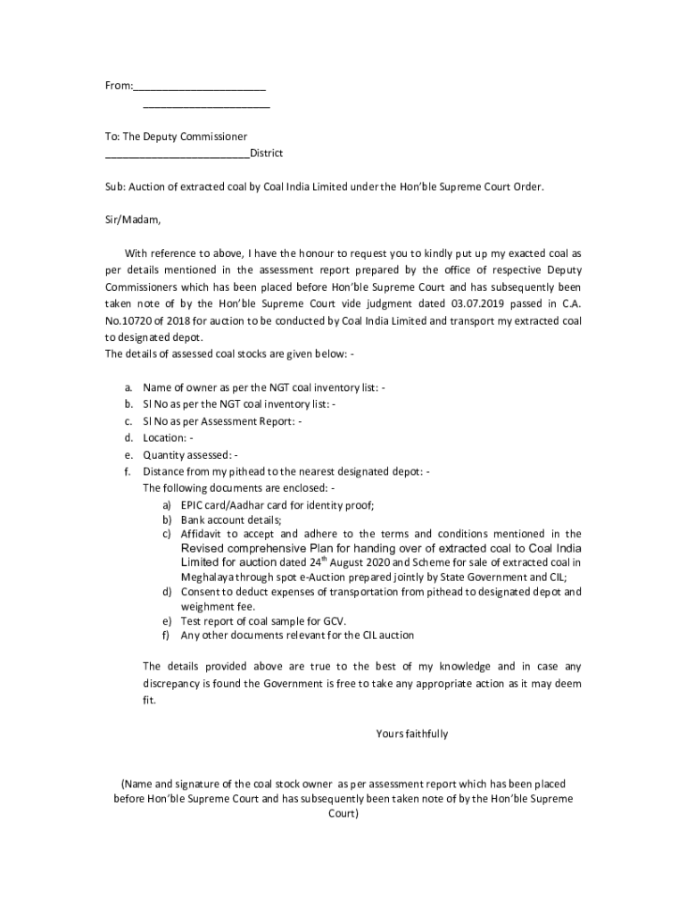 Fillable Online sample application to be submitted by coal stock owner ...