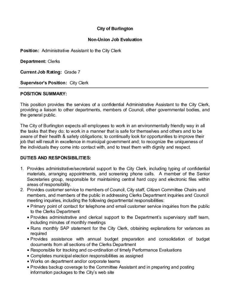Fillable Online Administrative Assistant to the City Clerk. Job ...
