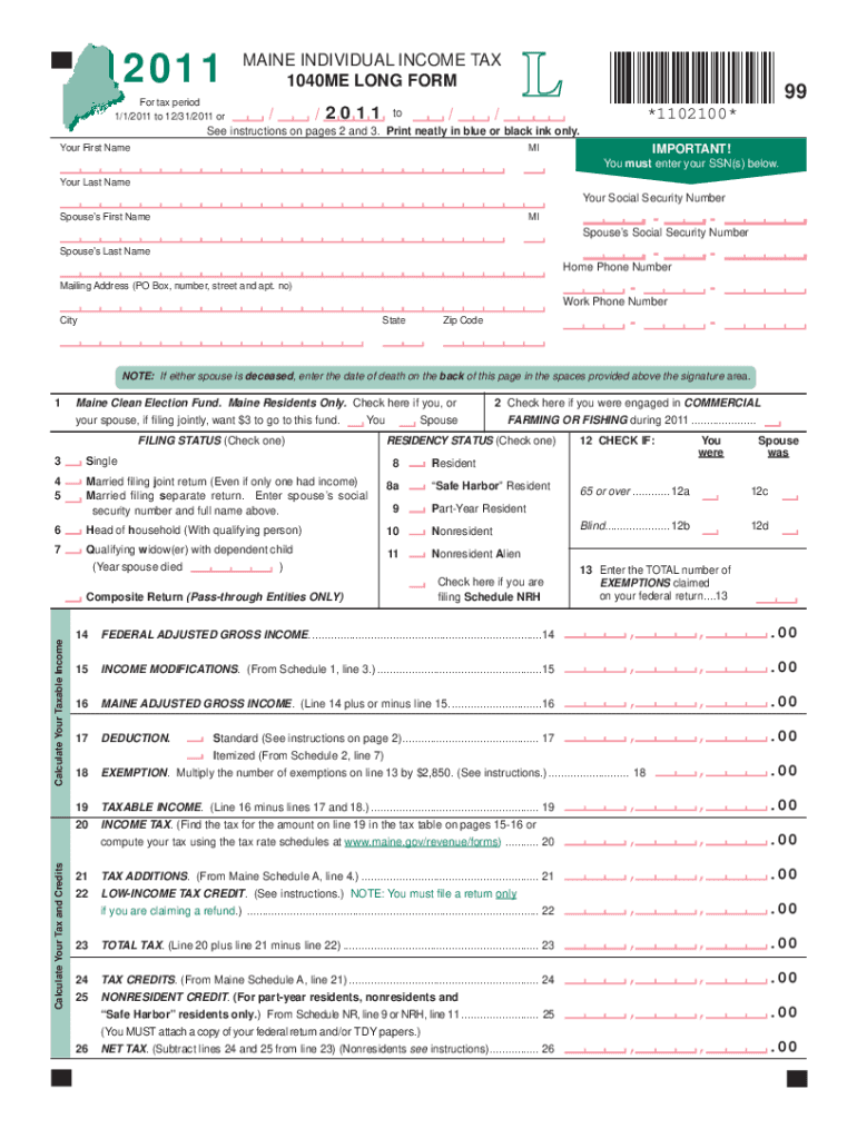 Fillable Online MAINE INDIVIDUAL INCOME TAX 1040ME LONG FORM 2 ... Fax ...