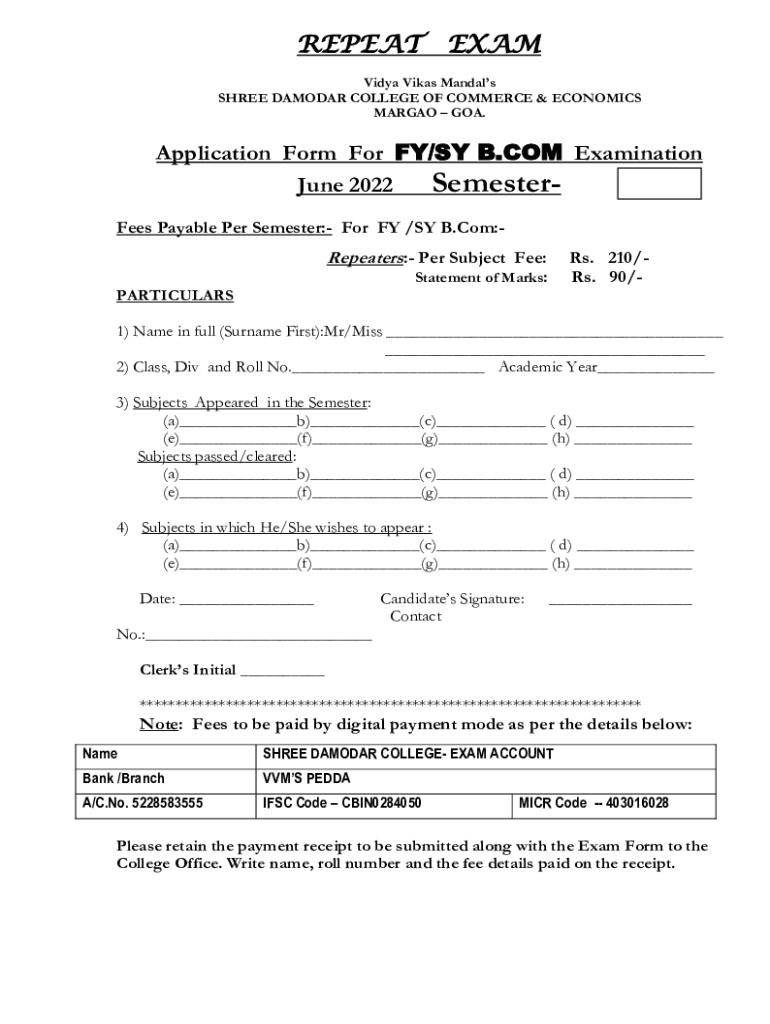 Fillable Online APPLICATION FORM FY & SY & TY BBA(FS) EXAMINATION Fax ...