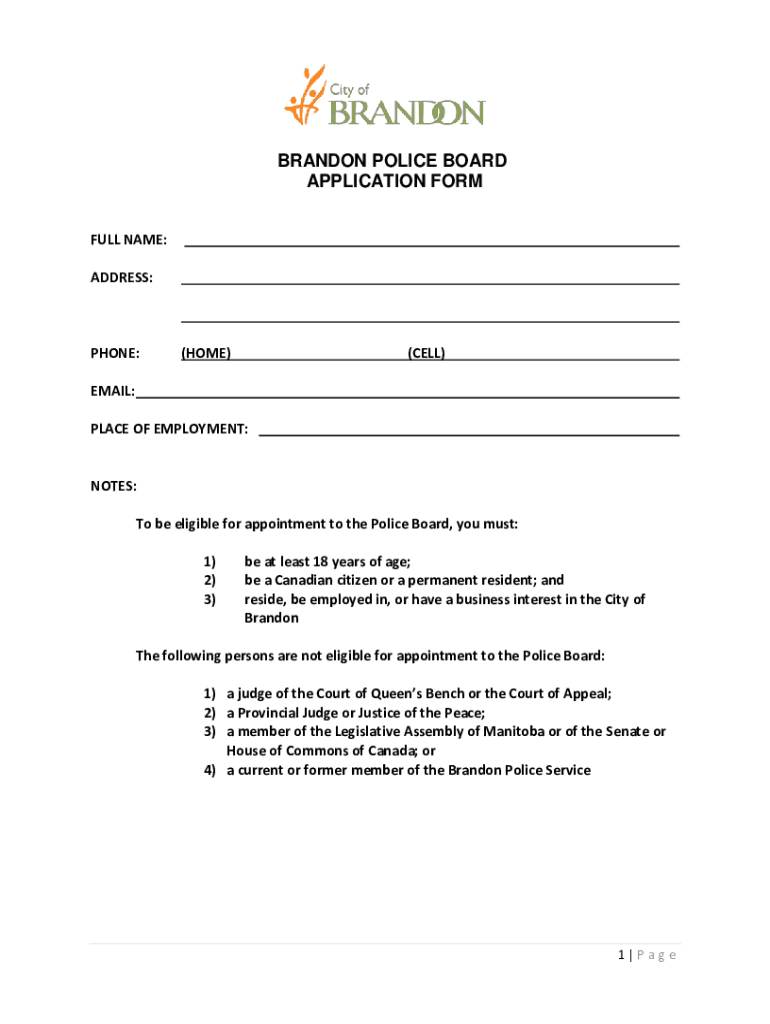 Fillable Online BRANDON POLICE BOARD APPLICATION FORM Fax Email Print - pdfFiller