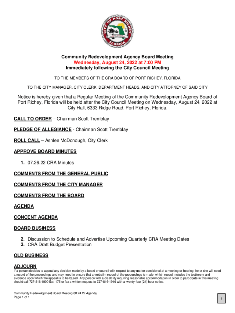 Fillable Online TO THE MEMBERS OF THE CRA BOARD OF PORT RICHEY, FLORIDA ...