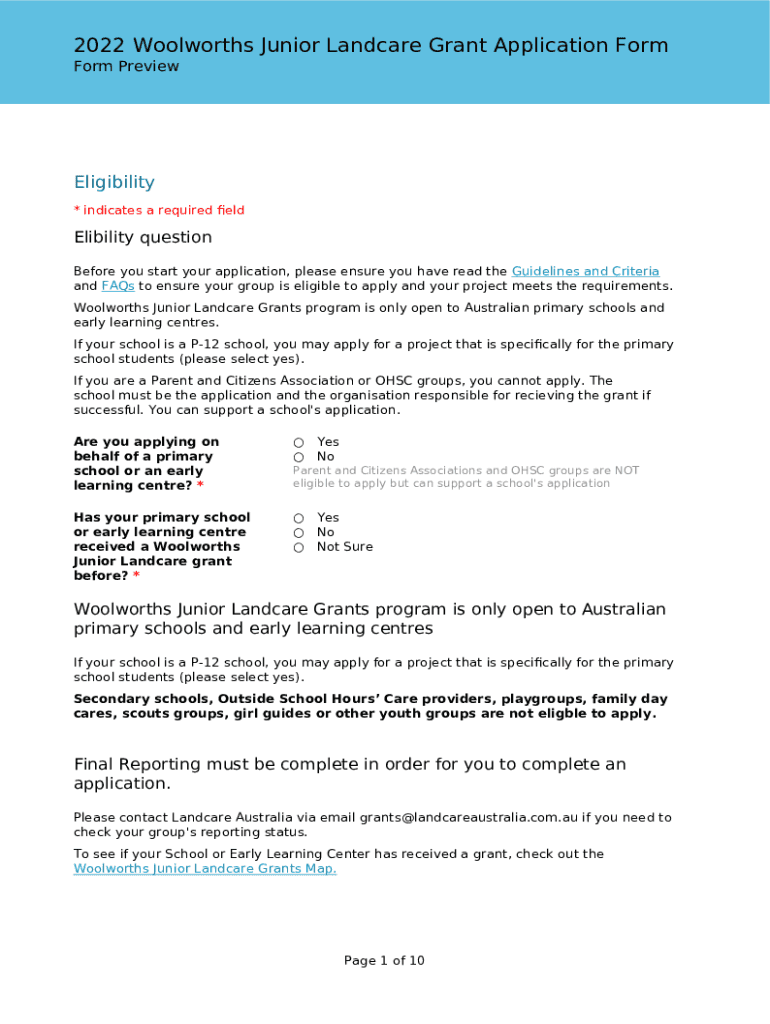 Fillable Online 2022 Woolworths Junior Landcare Grant Application Form ...