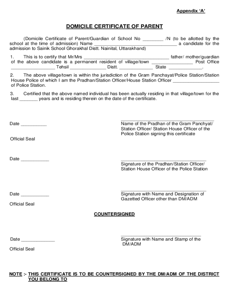 Fillable Online DOMICILE CERTIFICATE OF PARENT Fax Email Print - pdfFiller